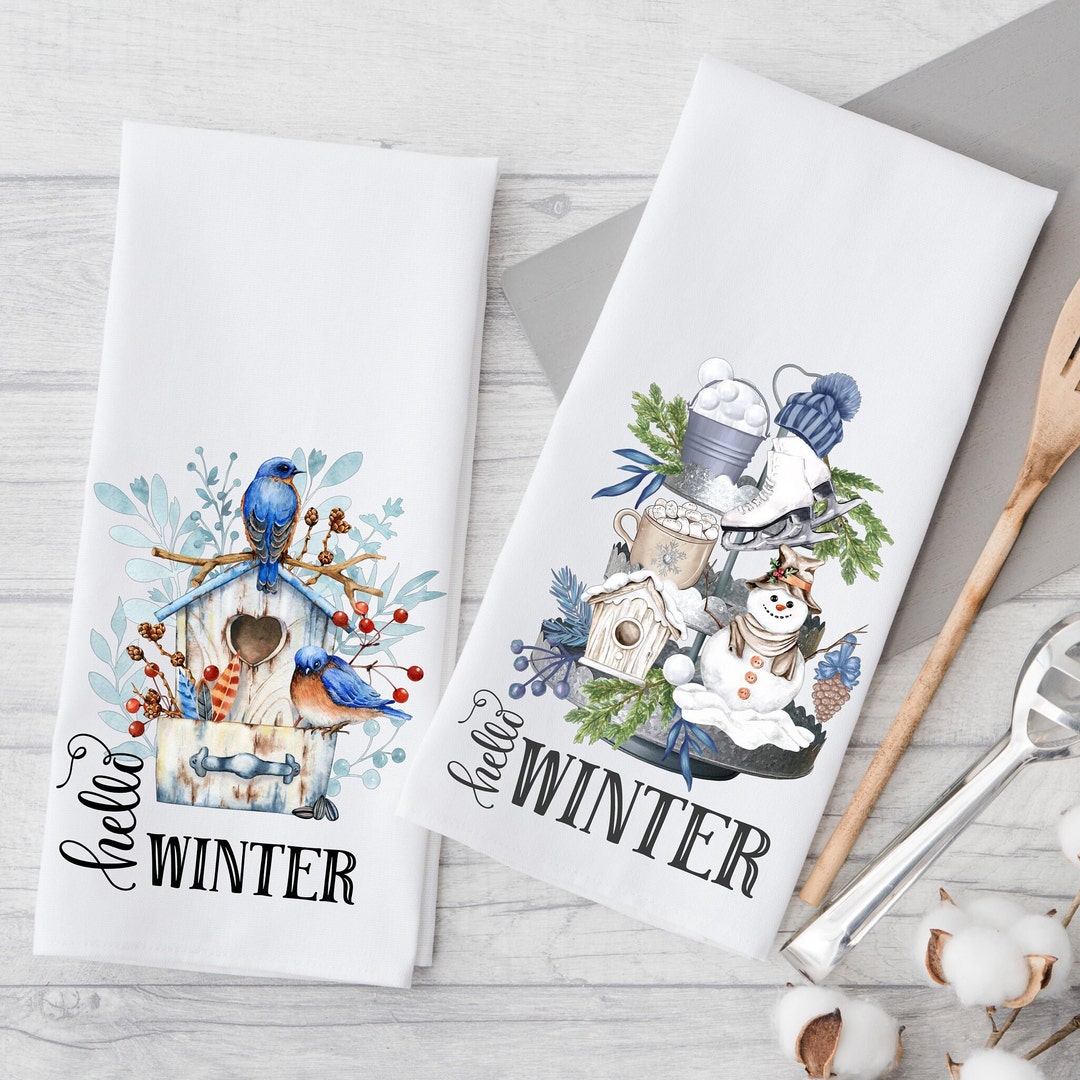 Winter Kitchen Towel, Hello Winter Snowman Tray or Blue Bird House ...