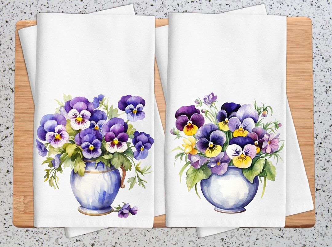 Pansies Dish Towel, Potted Pansies Kitchen Tea Towel, Garden Floral ...