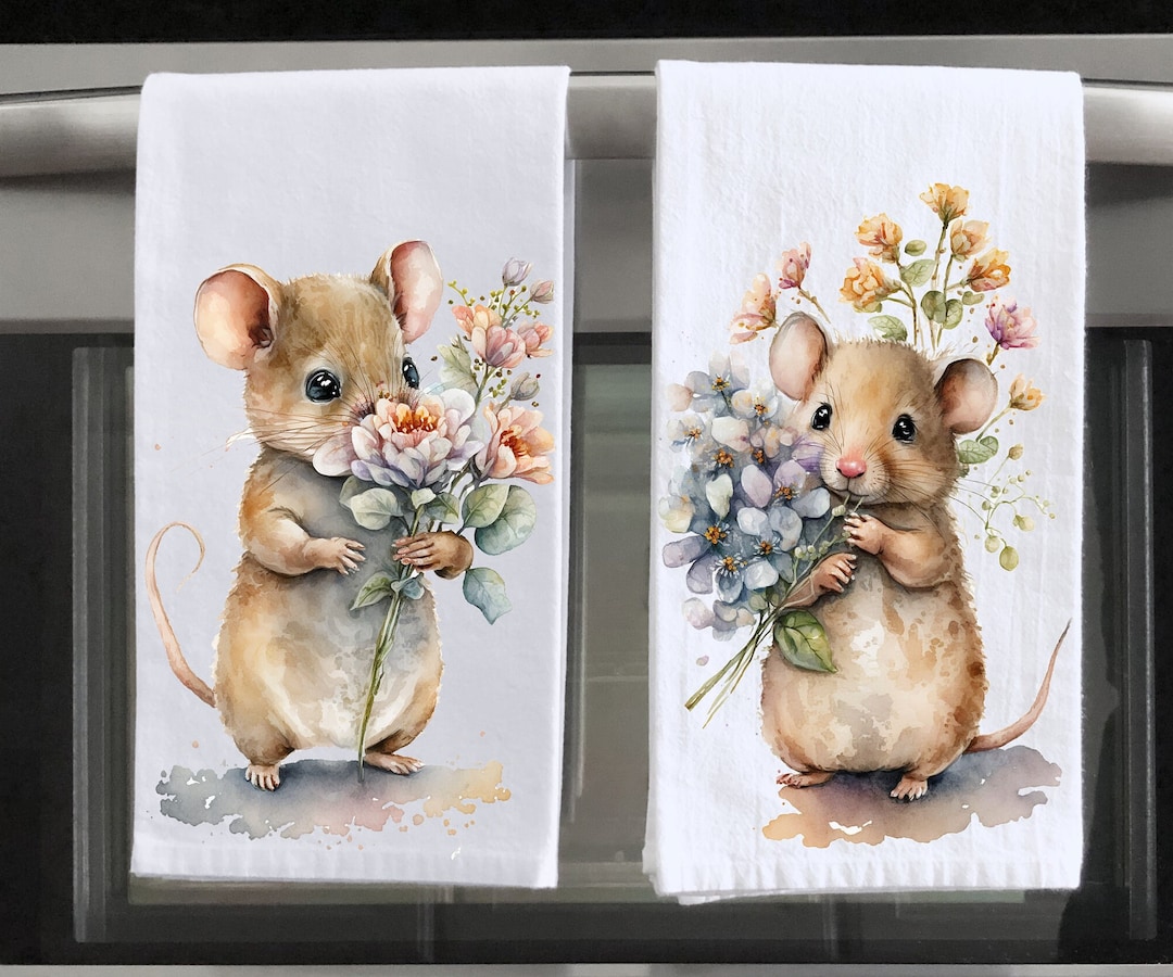 Floral Mice Kitchen Dish Towels, Mice and Flowers, Adorable Field Mice ...