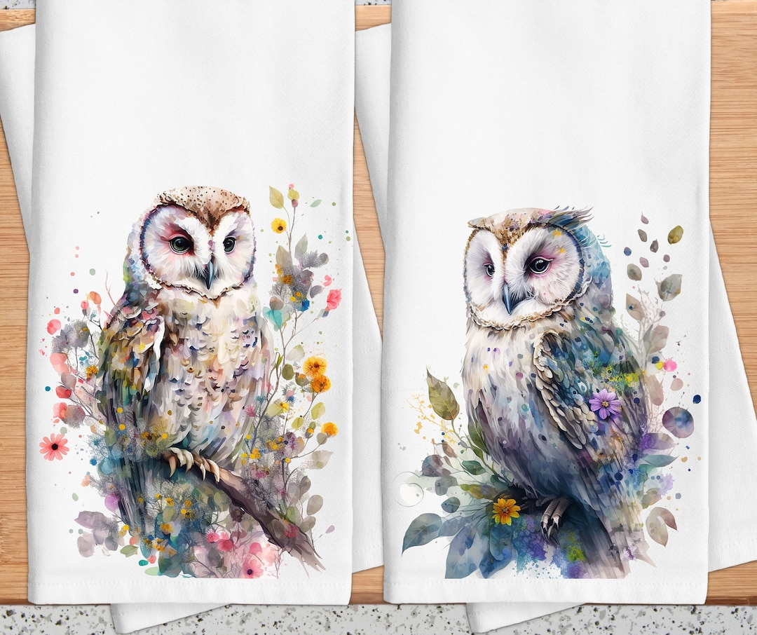 Owl Tea Towels, Floral Owl Decor, Watercolor Owl Kitchen Towels ...