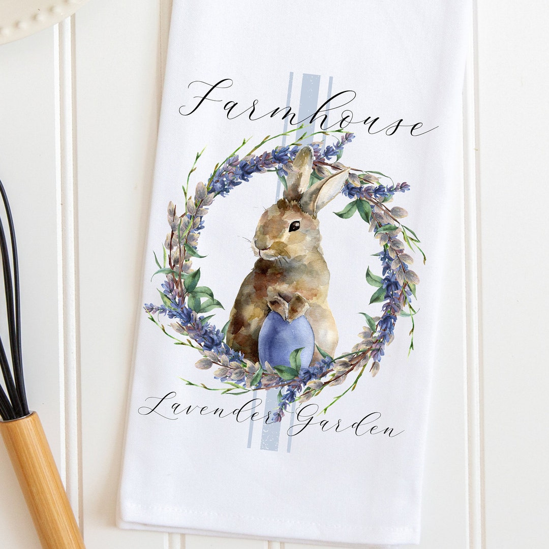 Farmhouse Rabbit Tea Towel, Rabbit and Lavender Kitchen Towel, Easter ...