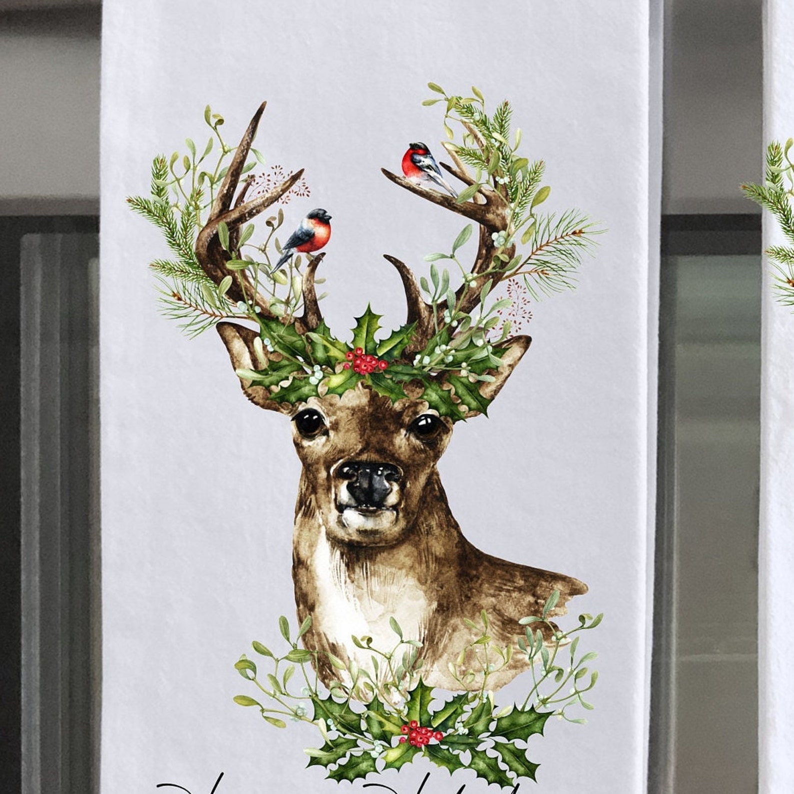 Christmas Deer Kitchen Towel, Rustic Holiday Deer Tea Towel, Woodland ...