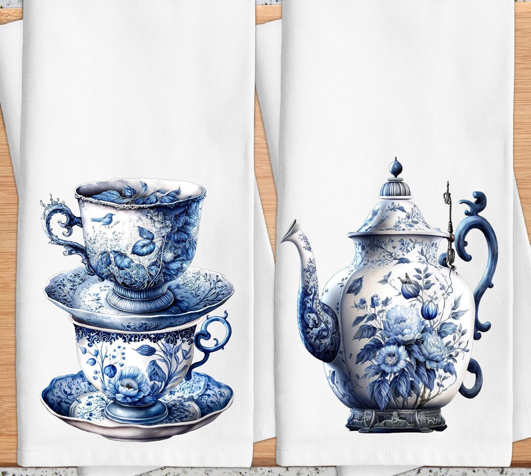Delft Blue Kitchen Towel, Delft Blue Tea Cups and Tea Pot Tea Towel ...