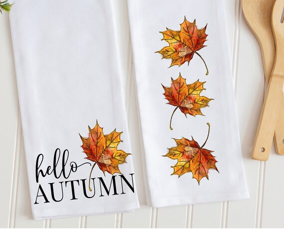 Fall Kitchen Towel Hello Autumn Tea Towel Fall Leaf Kitchen - Etsy