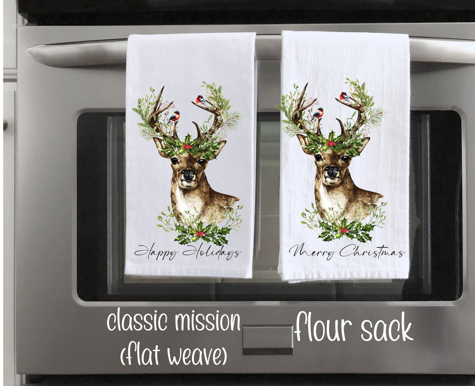 Christmas Deer Kitchen Towel, Rustic Holiday Deer Tea Towel, Woodland ...