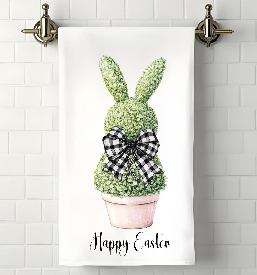 Bunny Topiary Dish Towel, Bunny With Black Checked Bow, Easter Dish ...