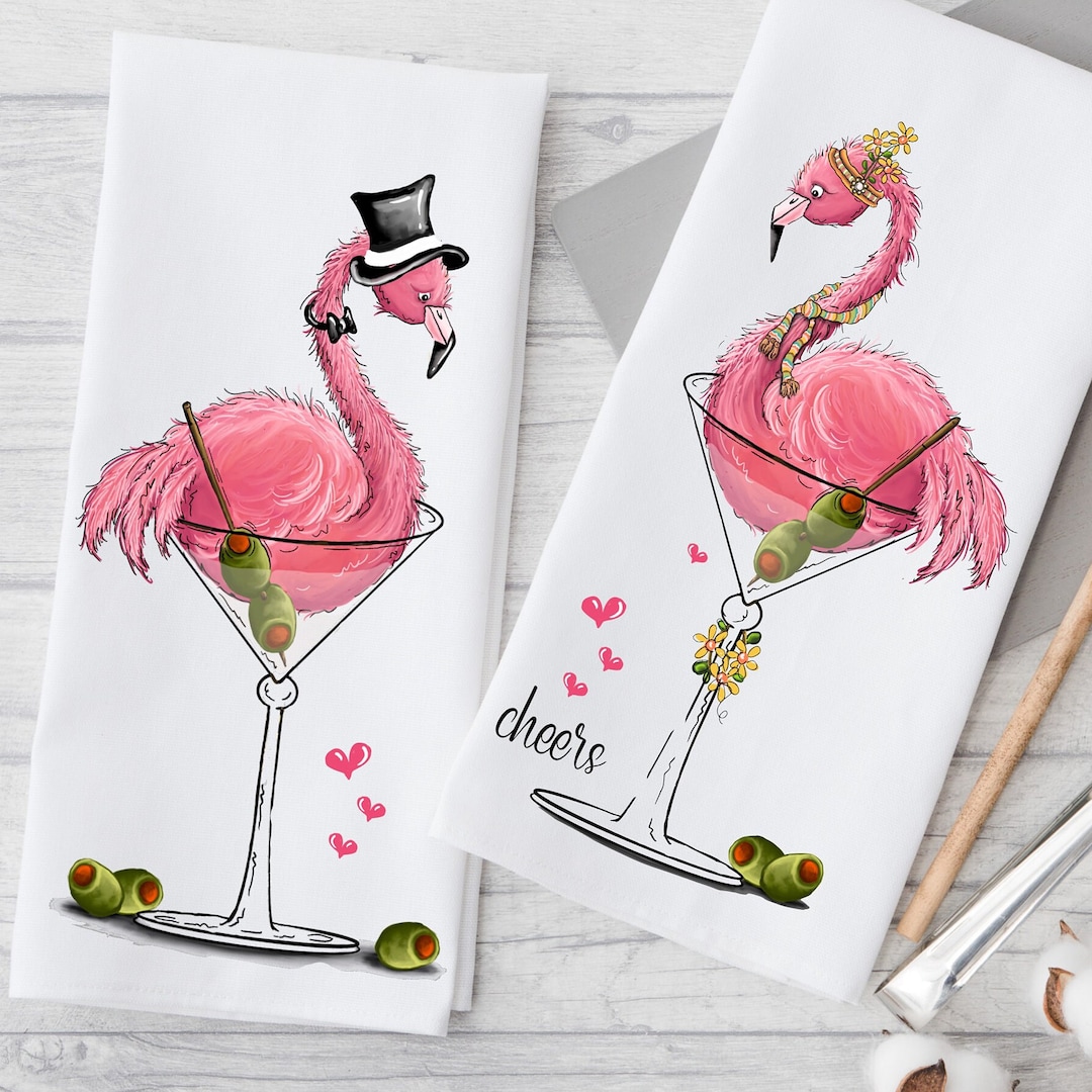 Funny Flamingo Kitchen Tea Towels, Flamingos and Cocktails, Fancy ...