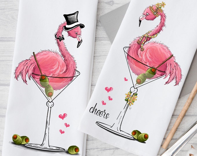 Funny Flamingo Kitchen Tea Towels, Flamingos and Cocktails, Fancy ...