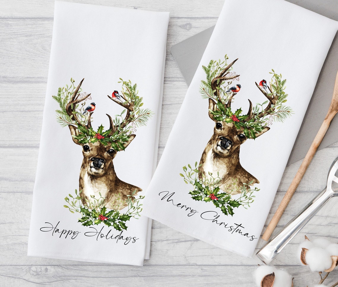 Christmas Deer Kitchen Towel, Rustic Holiday Deer Tea Towel, Woodland ...