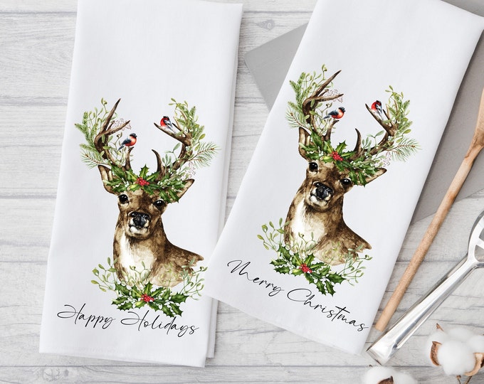Christmas Deer Kitchen Towel, Rustic Holiday Deer Tea Towel, Woodland ...
