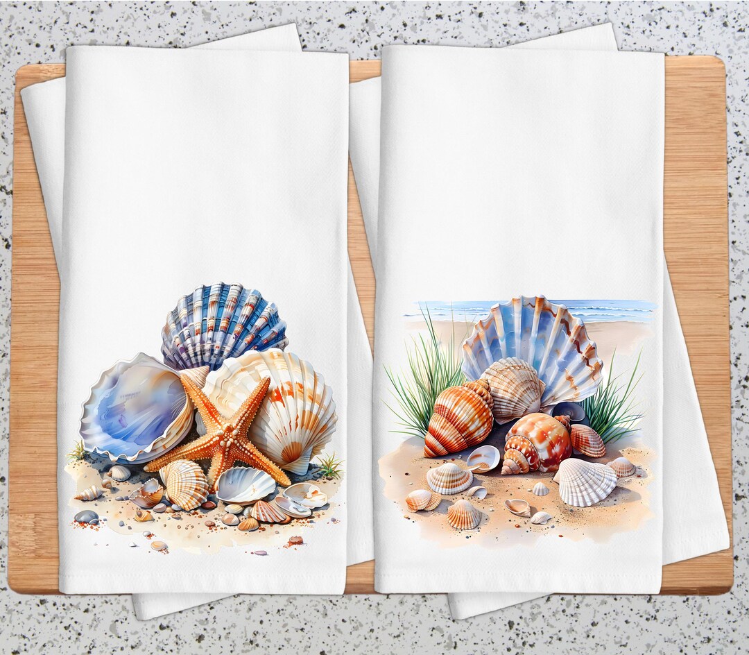 Seashell Kitchen Towel Set: Beach House Decor, Coastal Hand Towels - Etsy