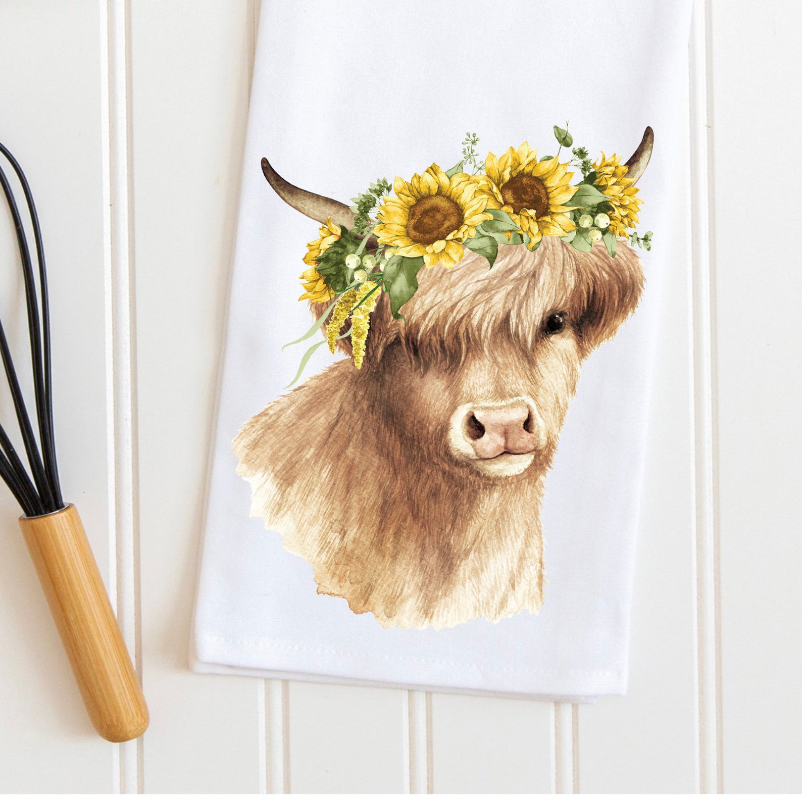 Cow Kitchen Tea Towel, Highland Cow Dish Towel, Floral Cow Decor, Flour ...