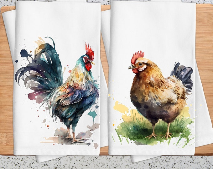 Chicken Kitchen Towel, Handprinted Kitchen Towel, Hen and Rooster ...