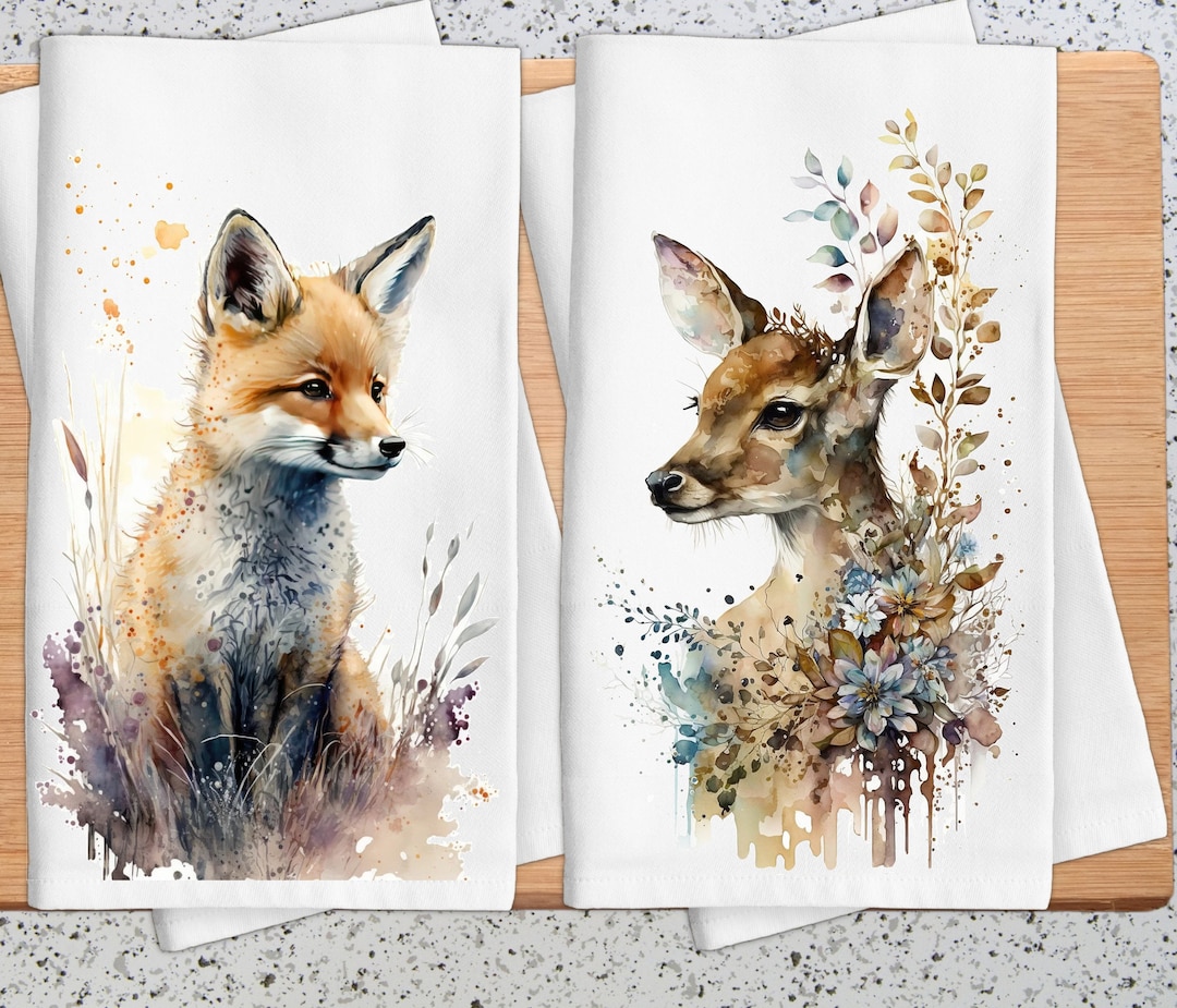 Woodland Animal Kitchen Towels: Fox & Deer Cotton Dish Towels - Etsy