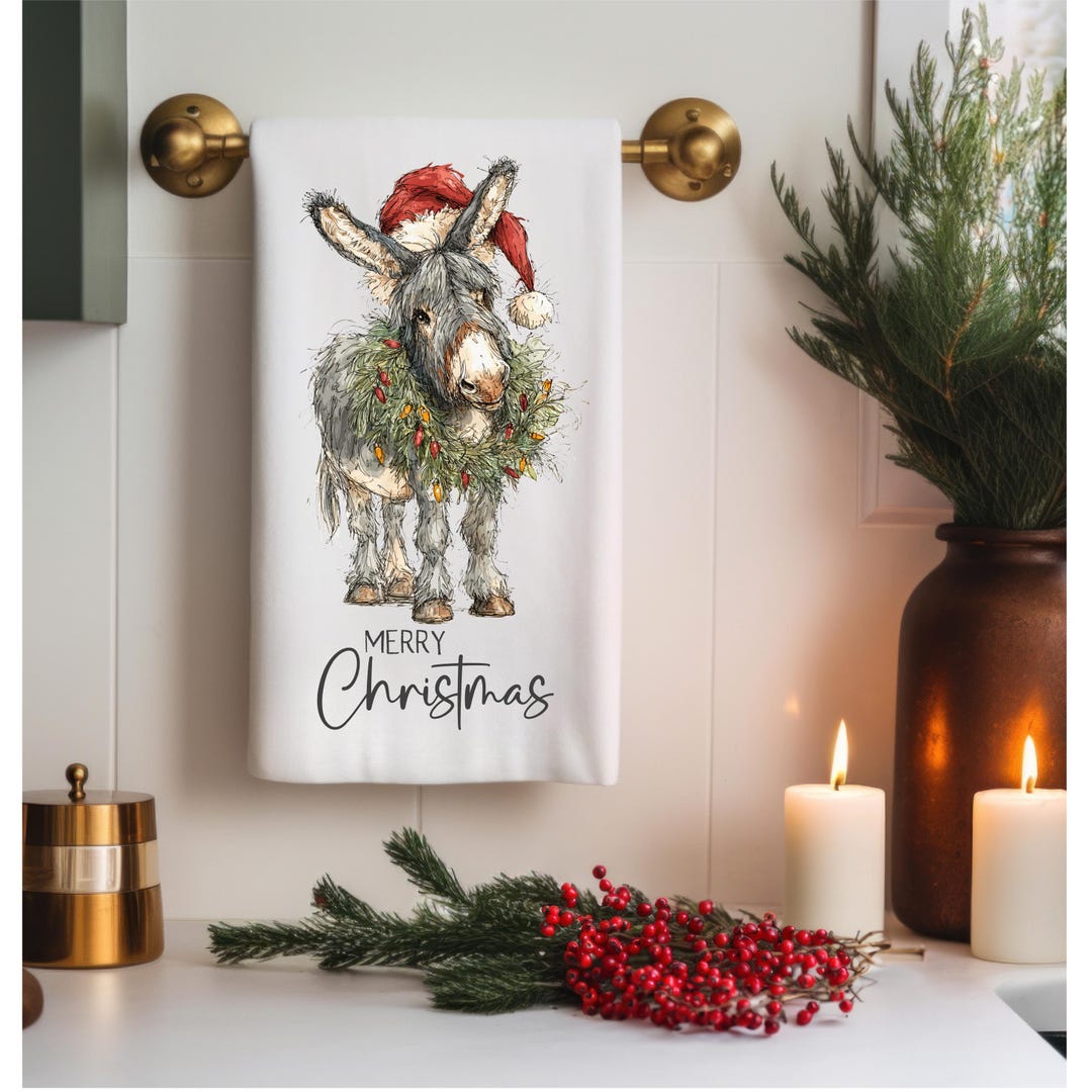 Christmas Donkey Kitchen Towel, Donkey and Lights Merry Christmas Tea ...