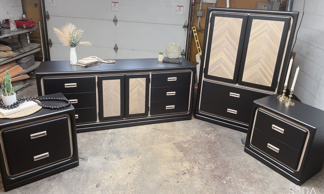 Mid Century Modern Solid Oak Herringbone Bedroom Set - Etsy