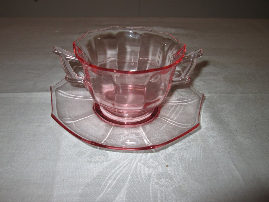 Cambridge Glass DECAGON Elegant Signed Pink Bouillon Cup & Saucer Set ...