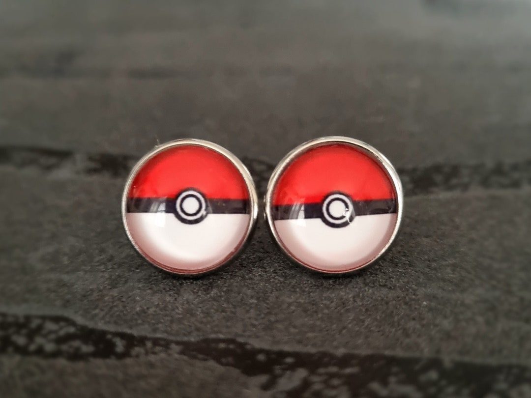 Stud Earrings Pokéball Silver Pokemon Red White Frame Round Symbol ...