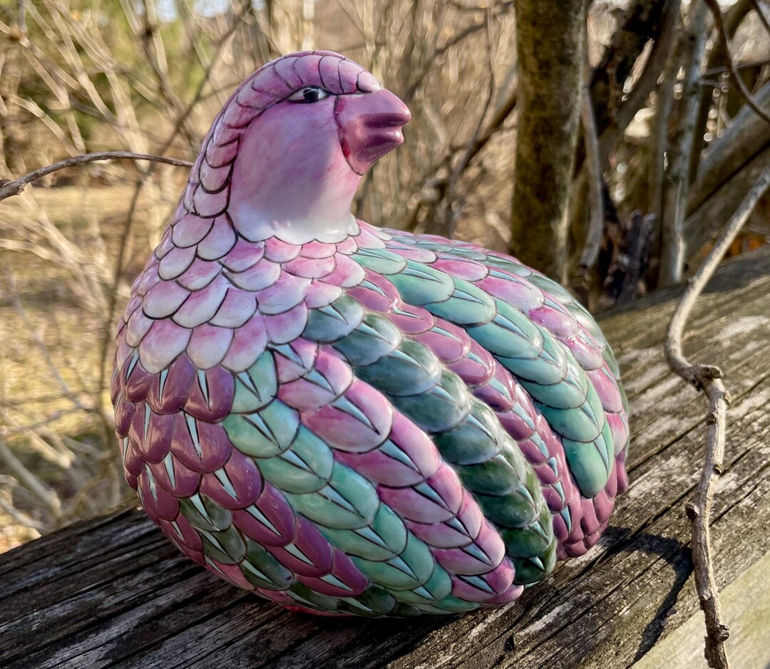 Vintage Pastel Ceramic Quail Figurine, Pink With Aqua, Green, 1970s, 6 ...