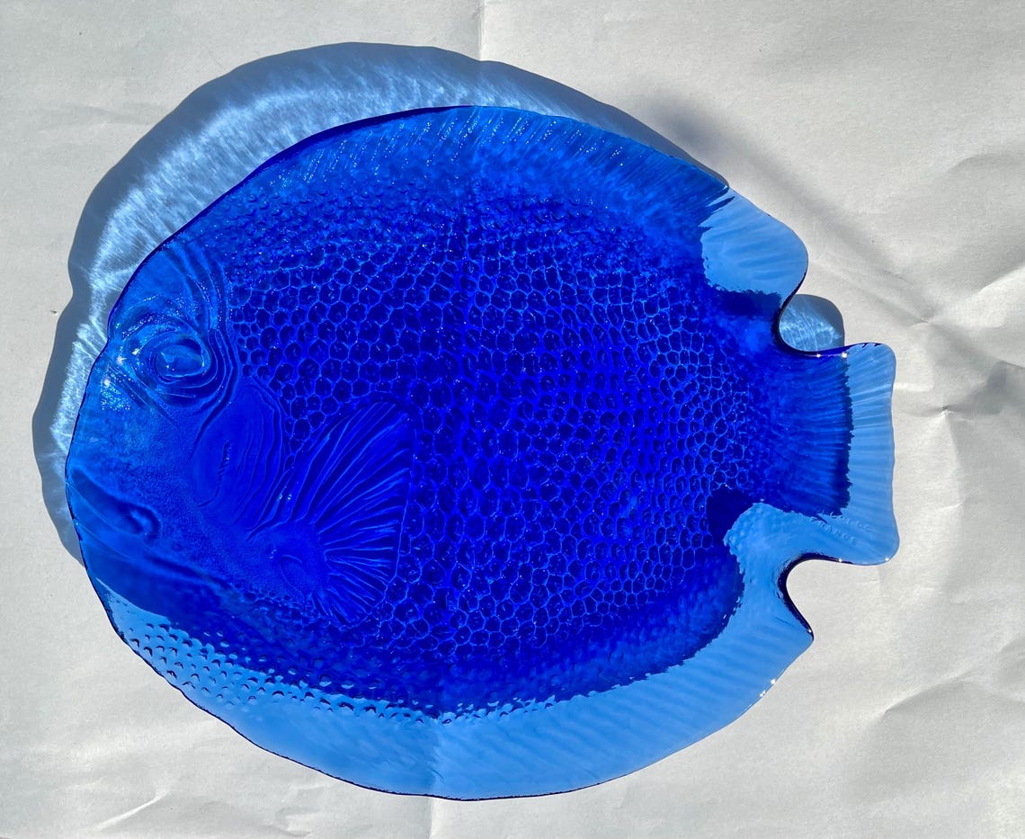 Sapphire Glass Fish Plate, Poisson Saphir, Arcoroc France, Vintage ...