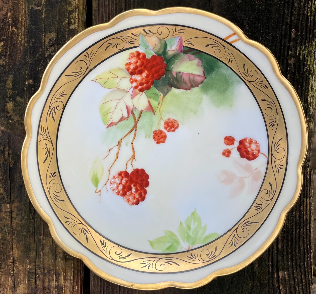 Antique Pickard China Plate: Hand-painted Raspberries, Heavy Gold Trim ...
