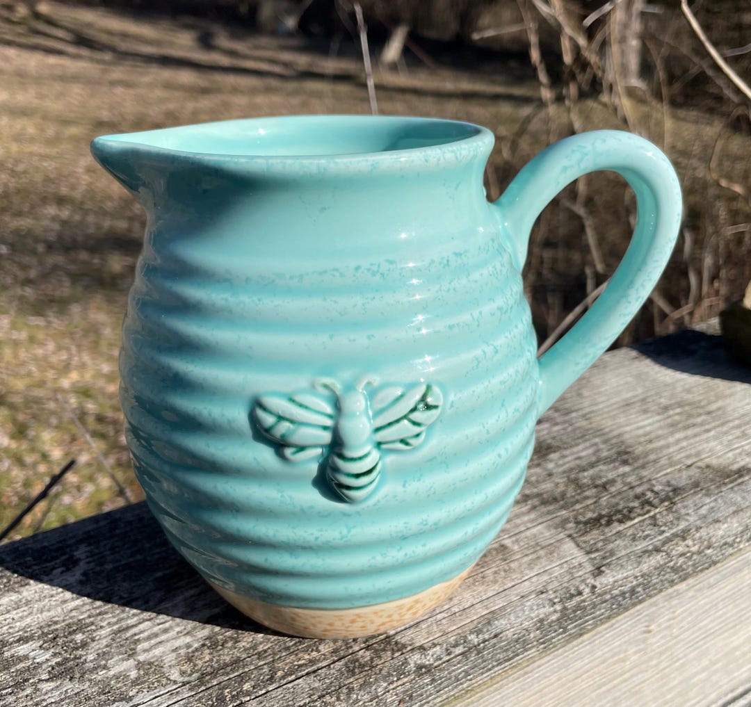 Aqua Blue Ceramic Pitcher, Vase, Beehive Shape, Vintage Teleflora Busy ...