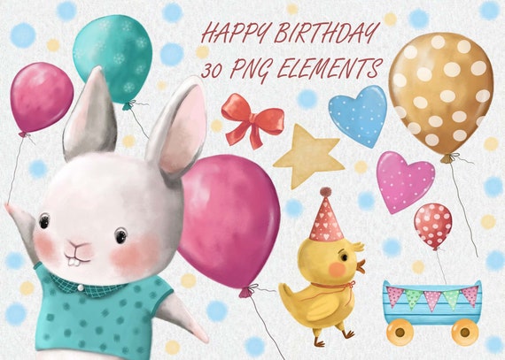 Happy Birthday Clipart Watercolor Elements PNG File - Etsy