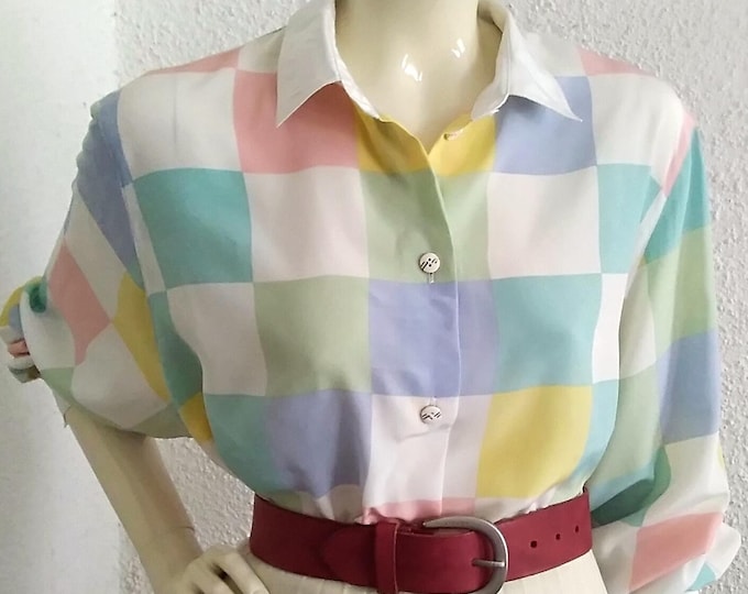 80s Pop-art Blouse Pastel Multicolor Blouse Button up Shirt Pale Color ...