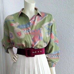 80s Pop-art Blouse Dusted Green Blouse EDITH KUMAR Viscose Blouse Crazy ...