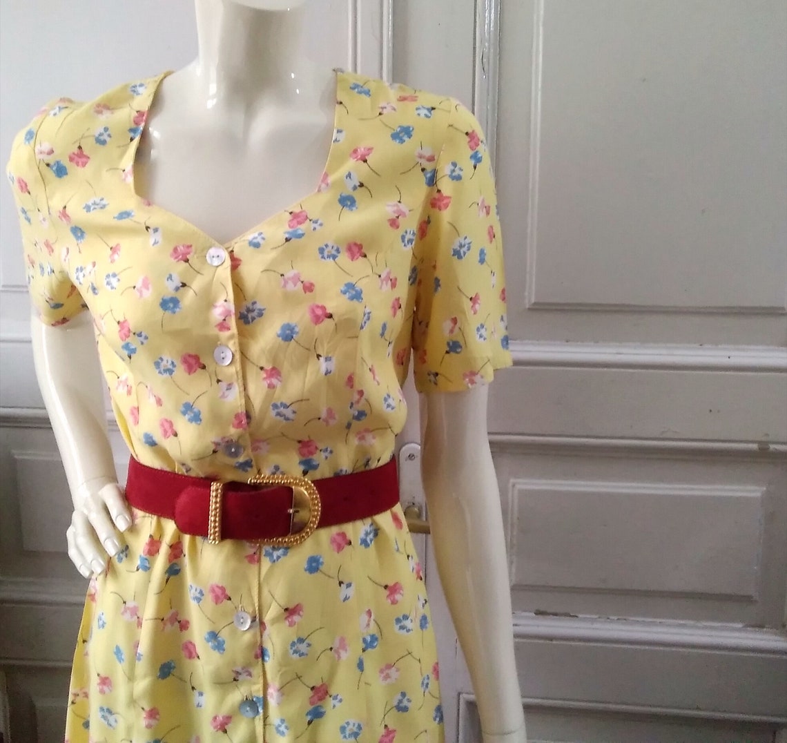 80s floral dress pastel yellow summer dress botanical button | Etsy