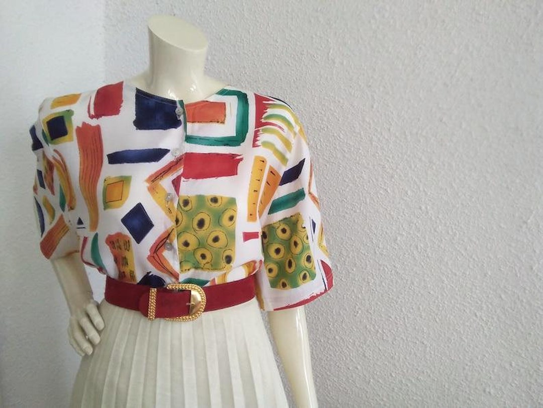 90s Pop-art Blouse Geometric Print Blouse Summer Multicolor Blouse ...