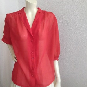 60s Sheer Red Blouse See Through Notched Collar V-neck Blouse Elegant ...