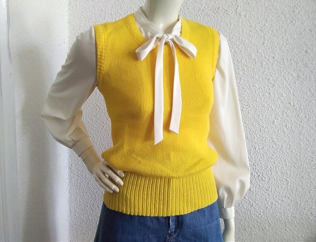 60s-70s Mod Vest Vivid Yellow Vest High Waist Vest Knitted Spring Vest ...