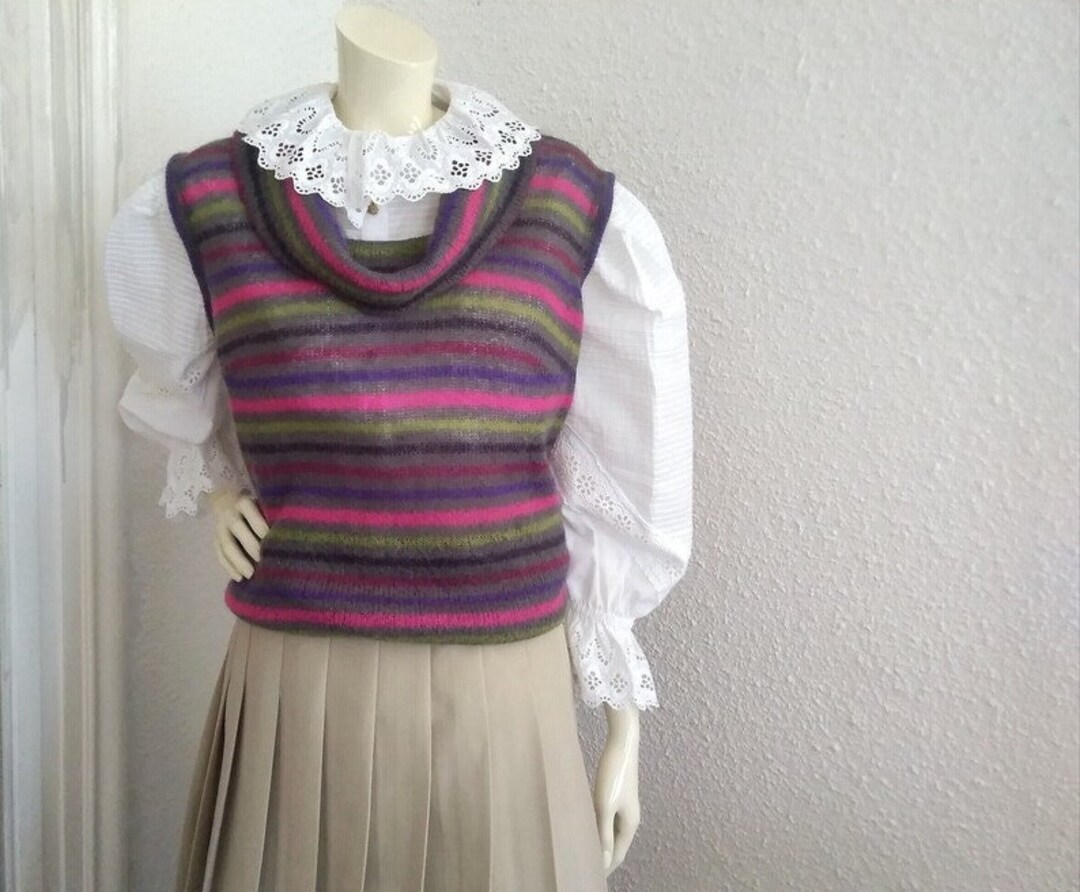 90s Colorful Vest Cowl Neck Striped Vest Color Block Sleeveless Sweater ...