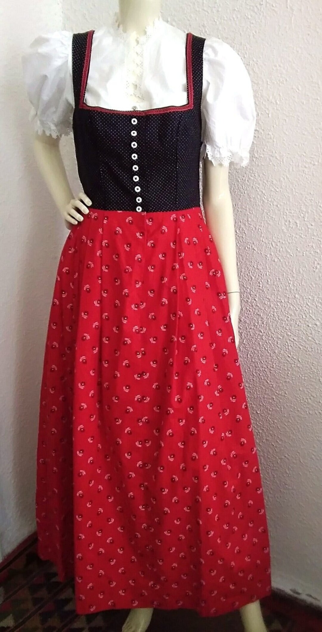 90s Folk Dress Oktoberfest Polka Dots Floral Dress Traditional Trachten ...