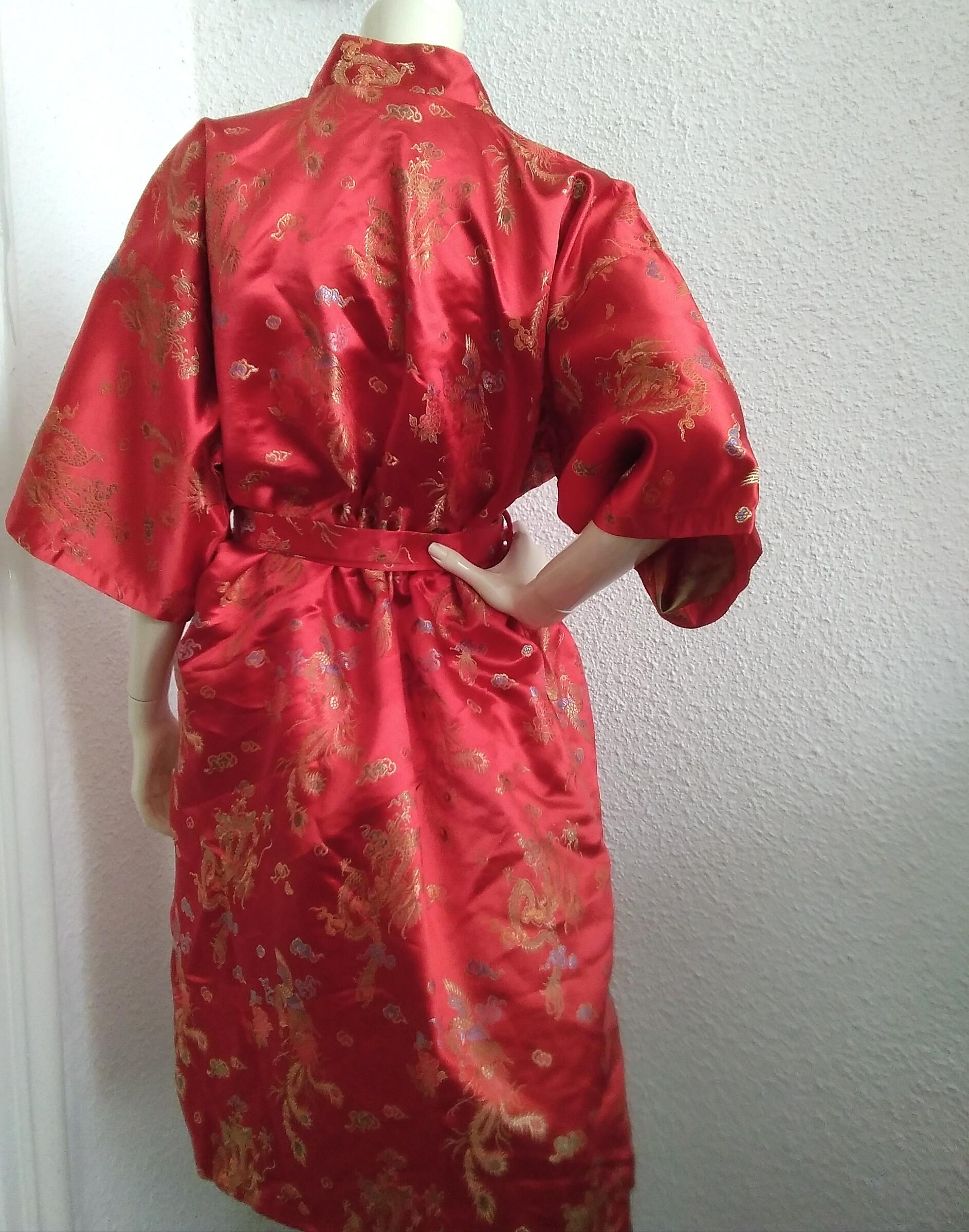 90s Chinese Red Negligee Floral Jacquard Home Dress Wrapped Housecoat ...