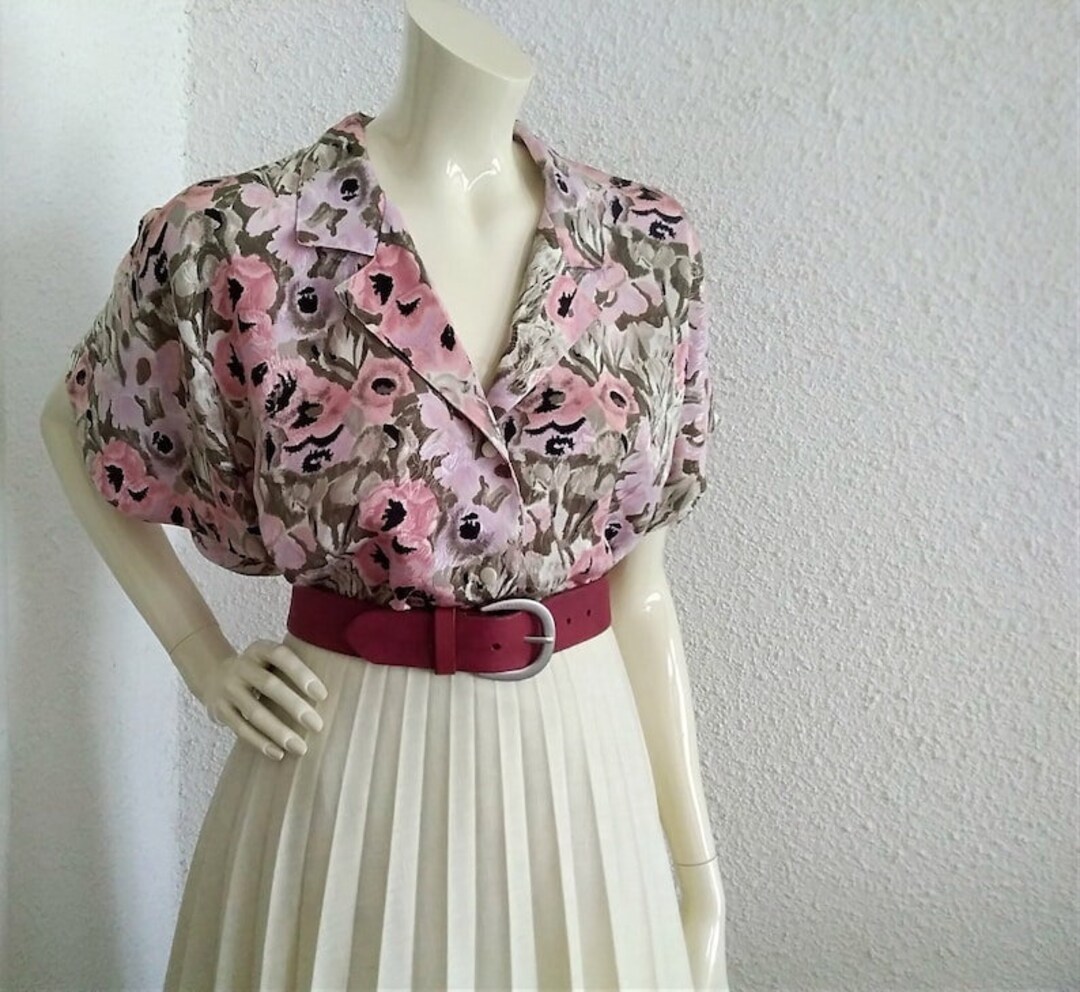 80s Floral Blouse Jacquard Pastel Blouse Botanical Elegant Blouse Poppy ...