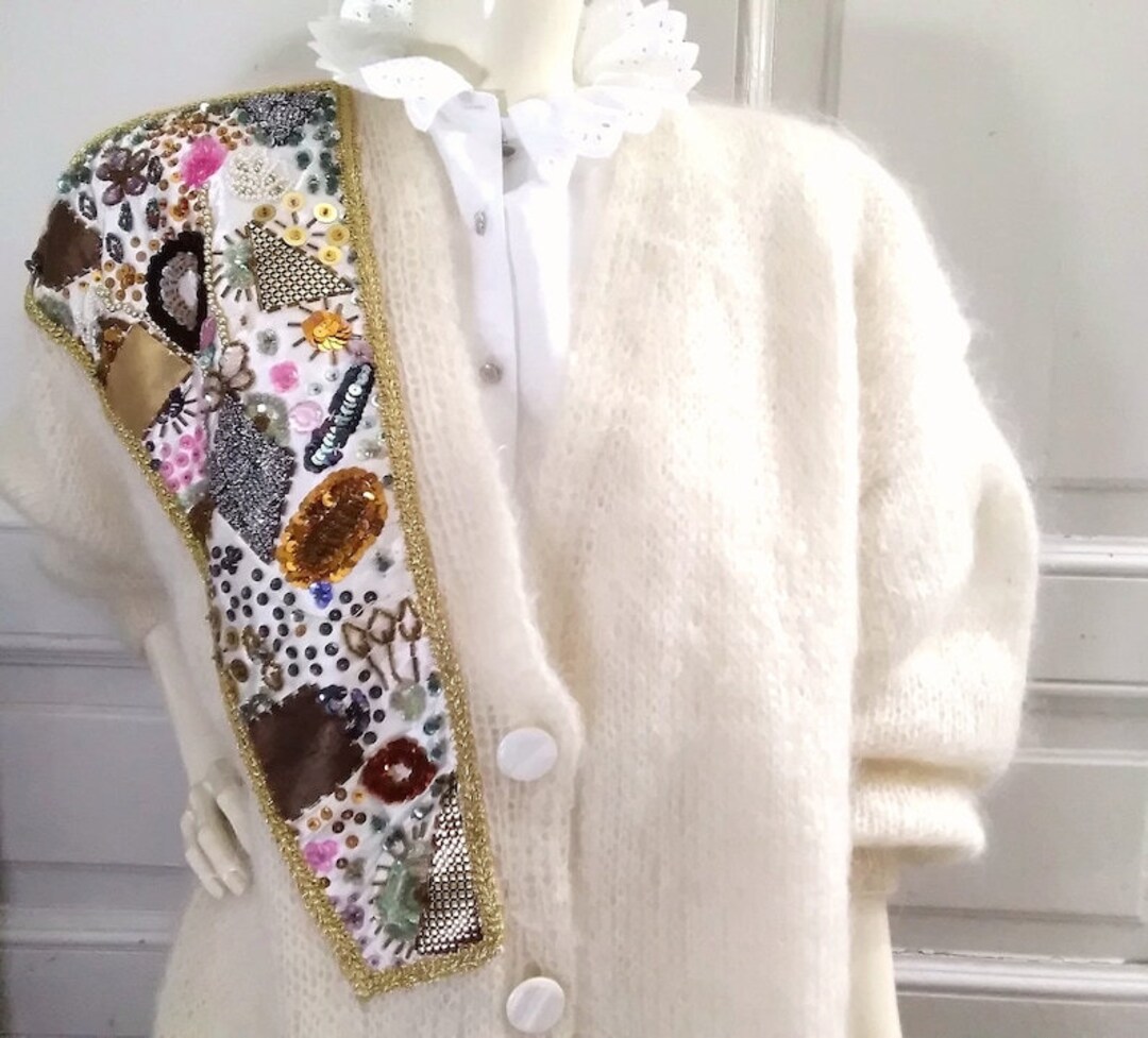 80s Chunky Mohair Sweater Multicolored Beaded Decoration Rare Artsy ...