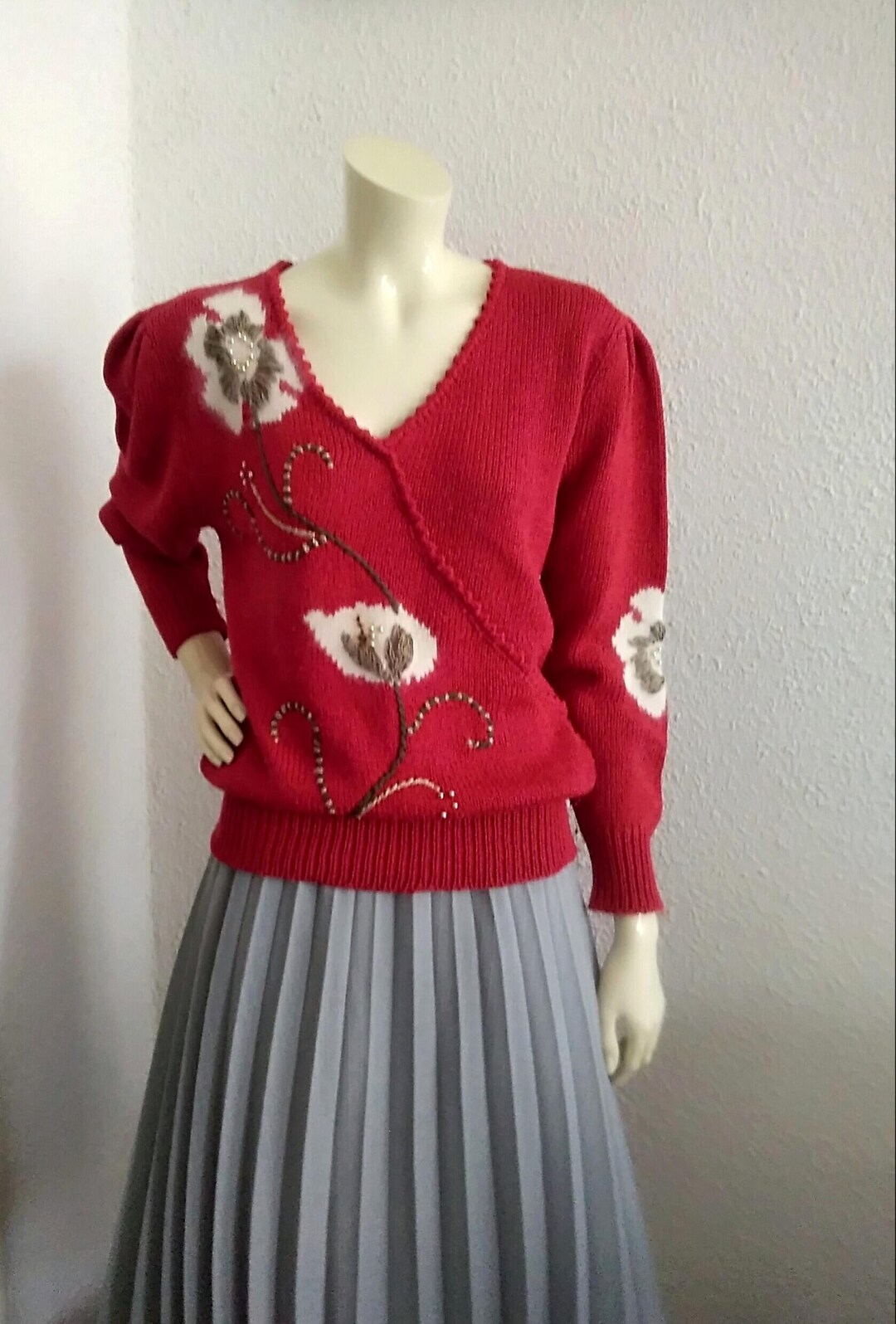 80s Floral Red Sweater Pop-art V-neck Puffy Sleeve Jumper Dark Red ...