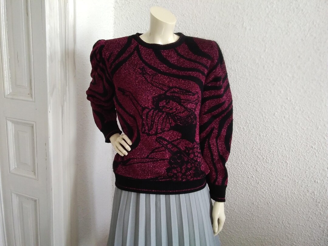 80s Lurex Sweater Puffy Sleeve Elegant Sweater Novelty Pullover Shiny ...