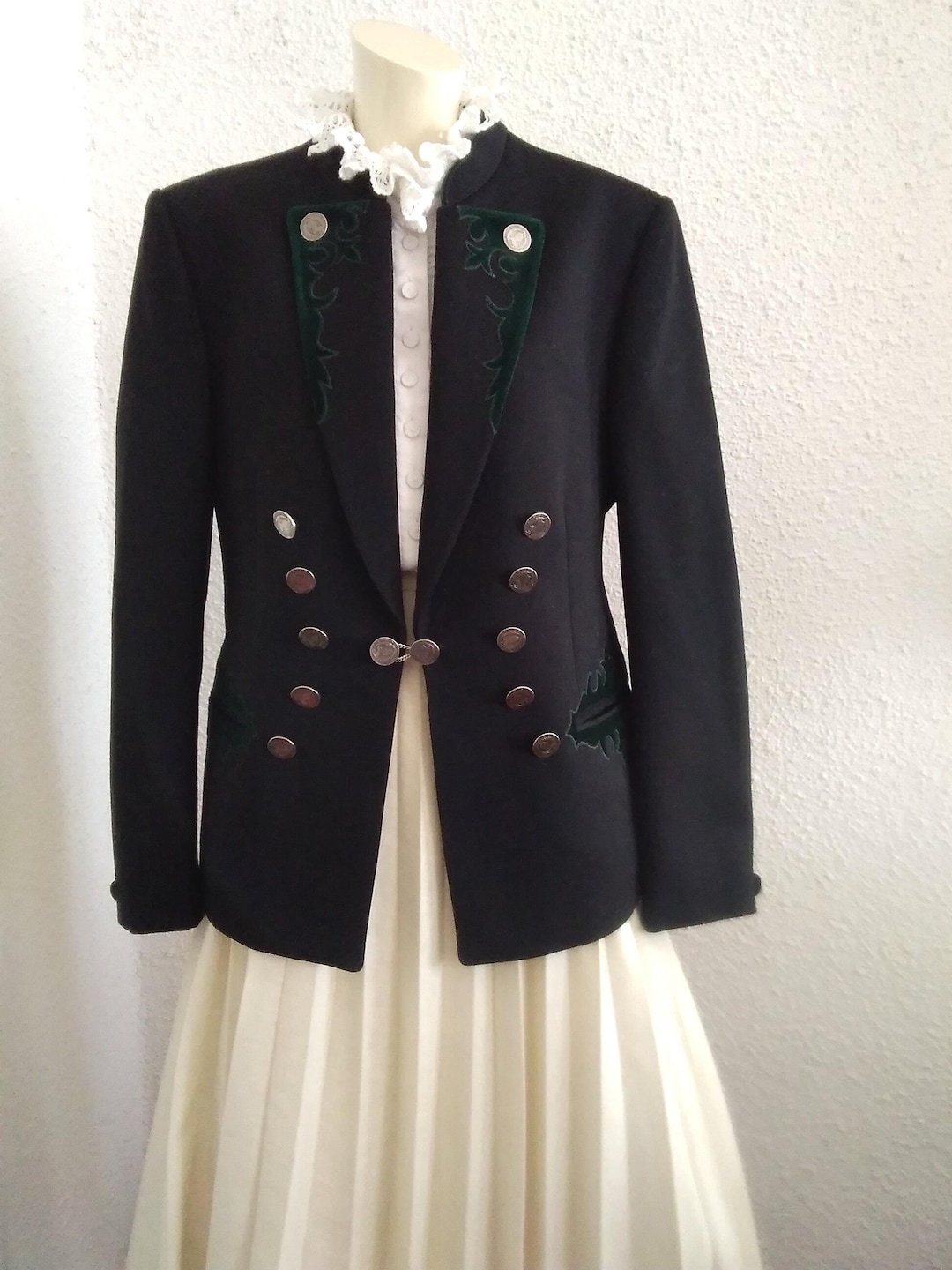 70s Gabardine Blazer Green Velvet Piping Blazer Coins Buttons Folk ...