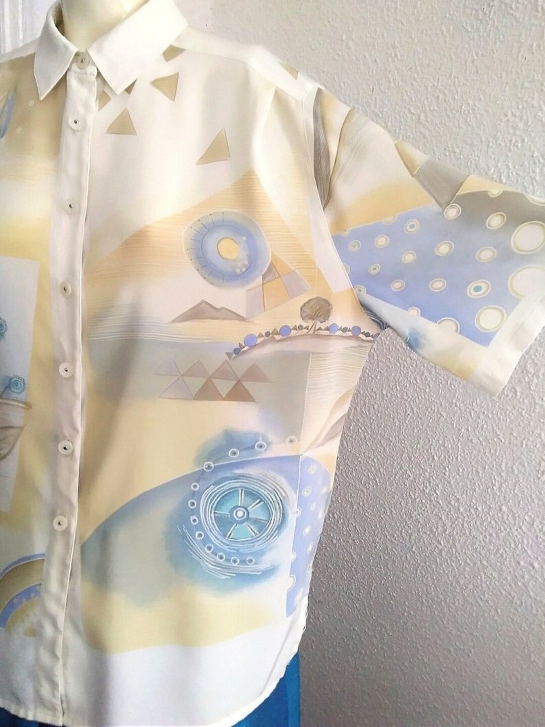 80s Pop-art Blouse Landscape Print Novelty Print Blouse Vacation Button ...