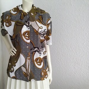 80s Baroque Print Blouse Horse Chains Blouse Puffy Sleeve Ribbon Collar ...