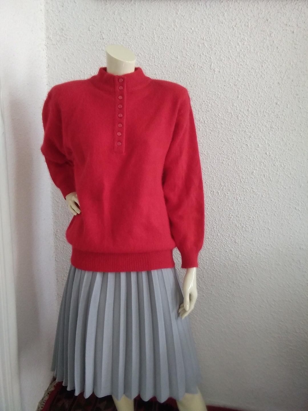 80s Red Angora Sweater Mockneck Fluffy Sweater Minimalist Simple ...