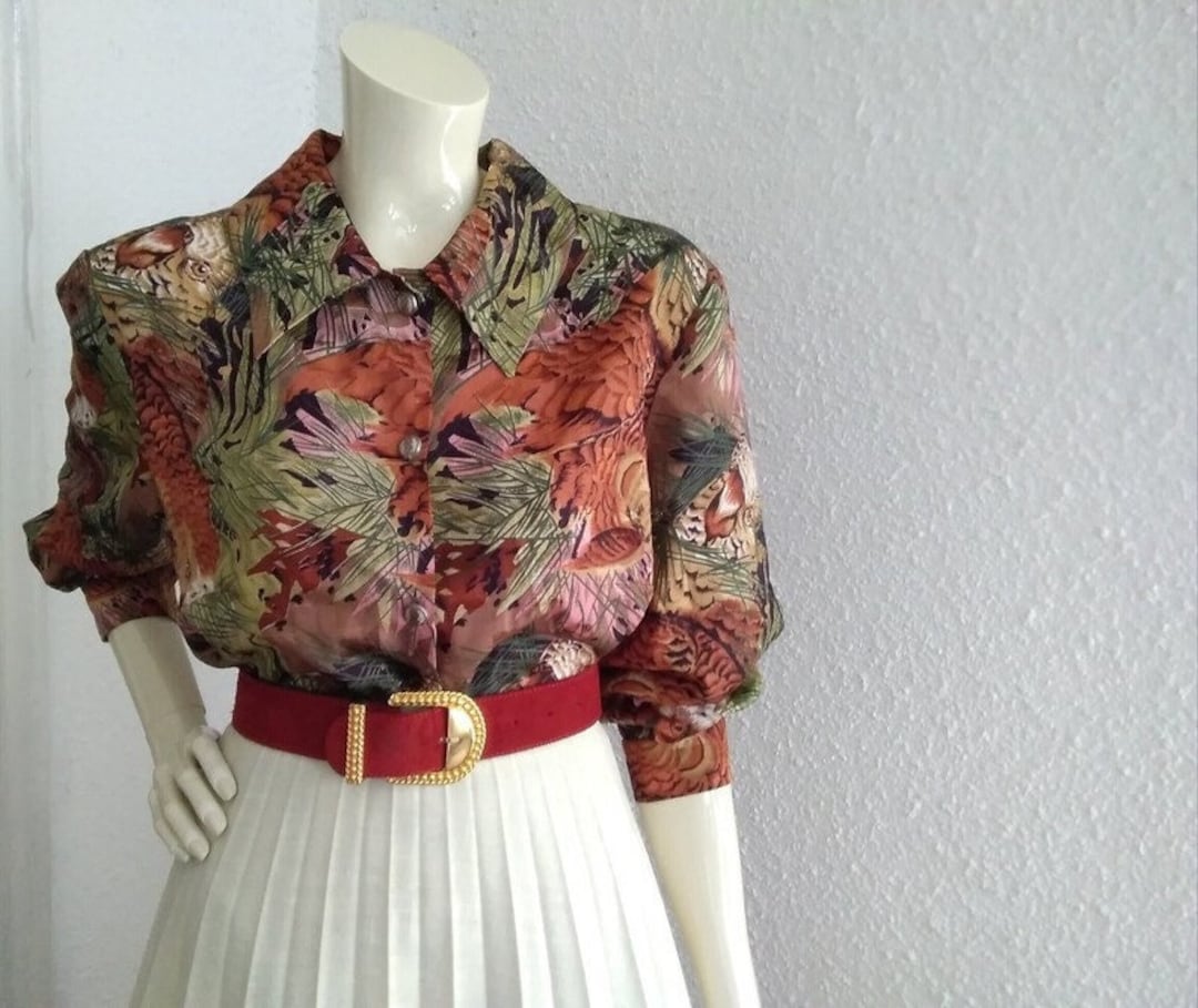 80s Parrots Print Blouse Earthy Colors Blouse Novelty Button up Shirt ...