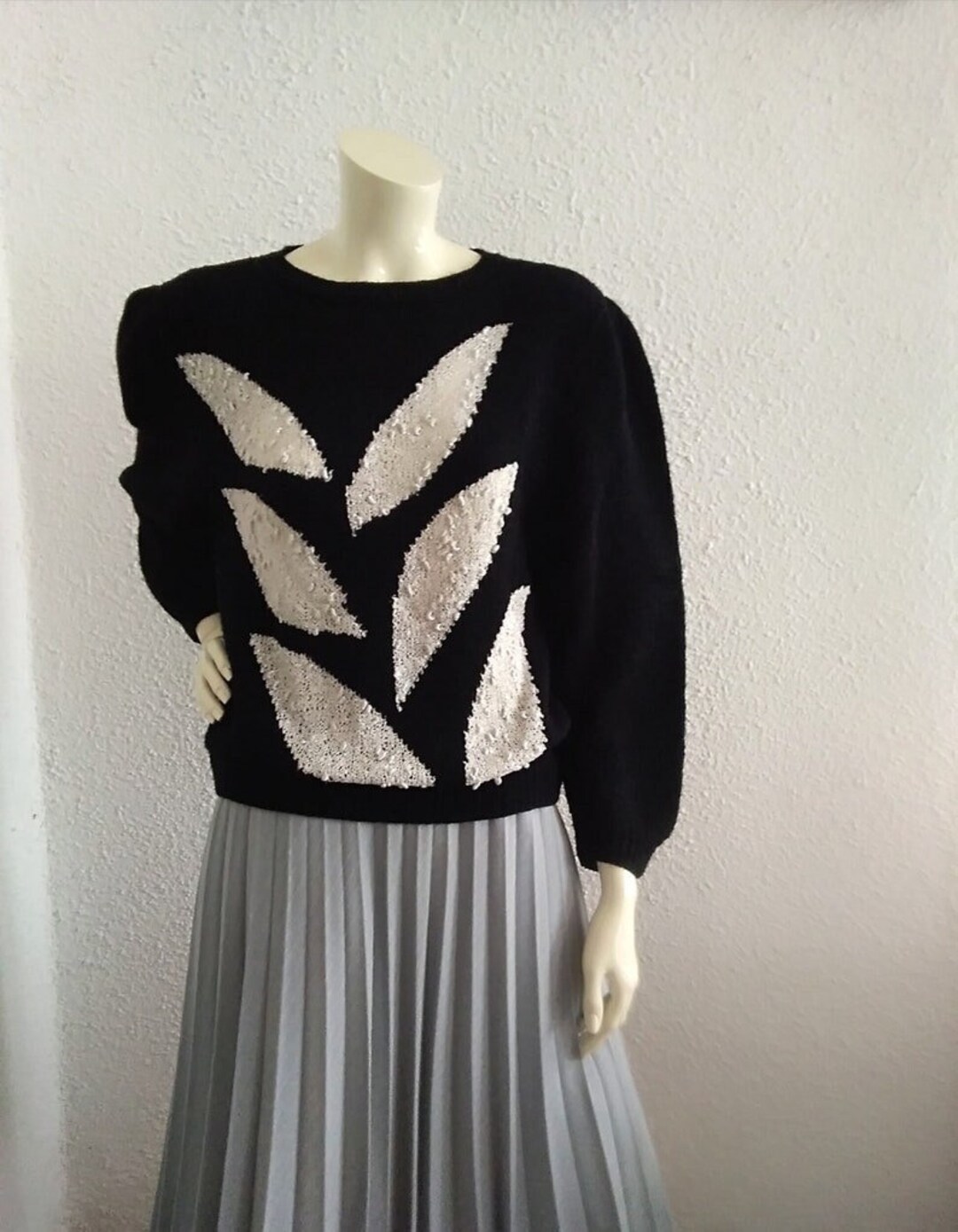80s Handknitted Sweater Shiny Leaf Pattern Sweater Handmade Pullover ...