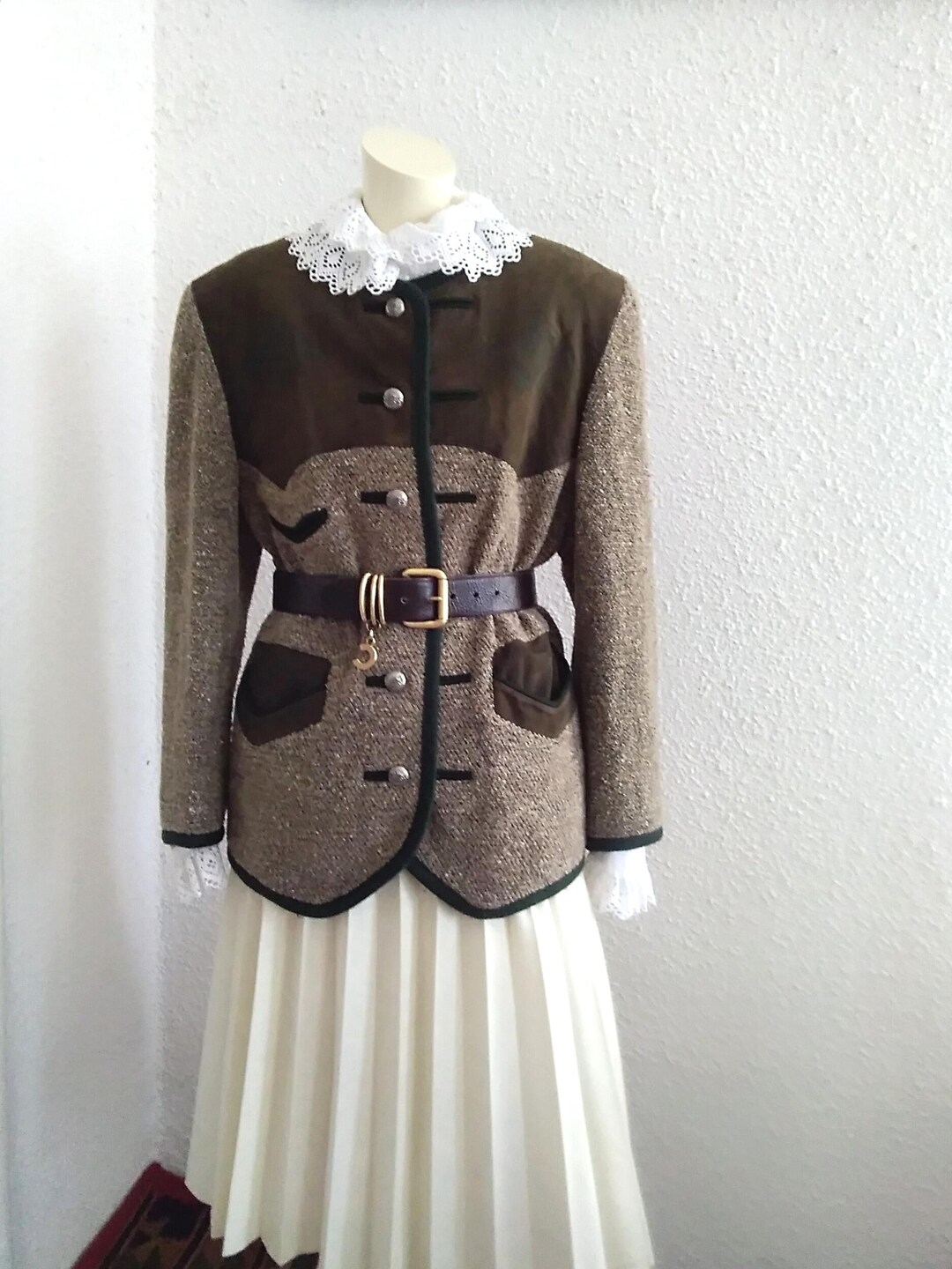 90s Austrian Folk Jacket Boucle Fabric and Suede Leather Jacket Peasant ...