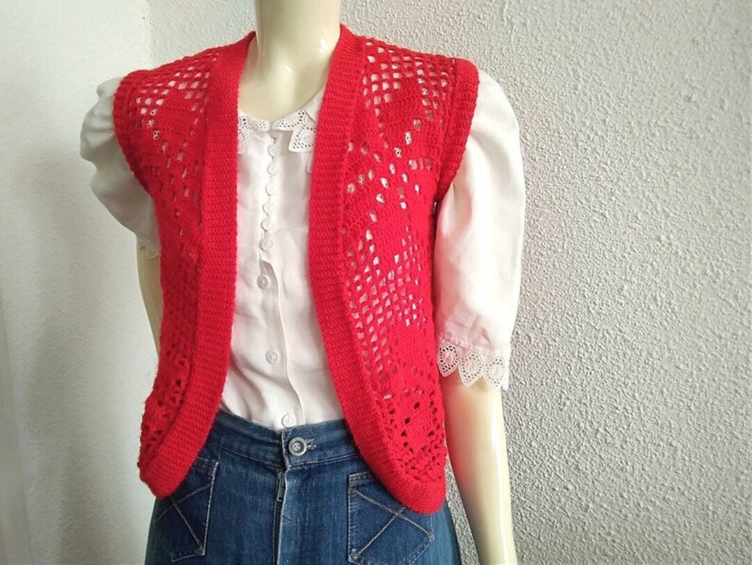 70 Crochet Vest Bright Vivid Red Handknitted Vest Floral Mesh Vest ...