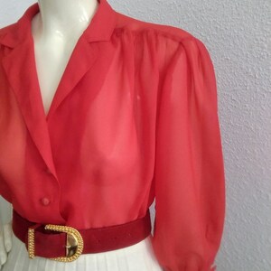 60s Sheer Red Blouse See Through Notched Collar V-neck Blouse Elegant ...