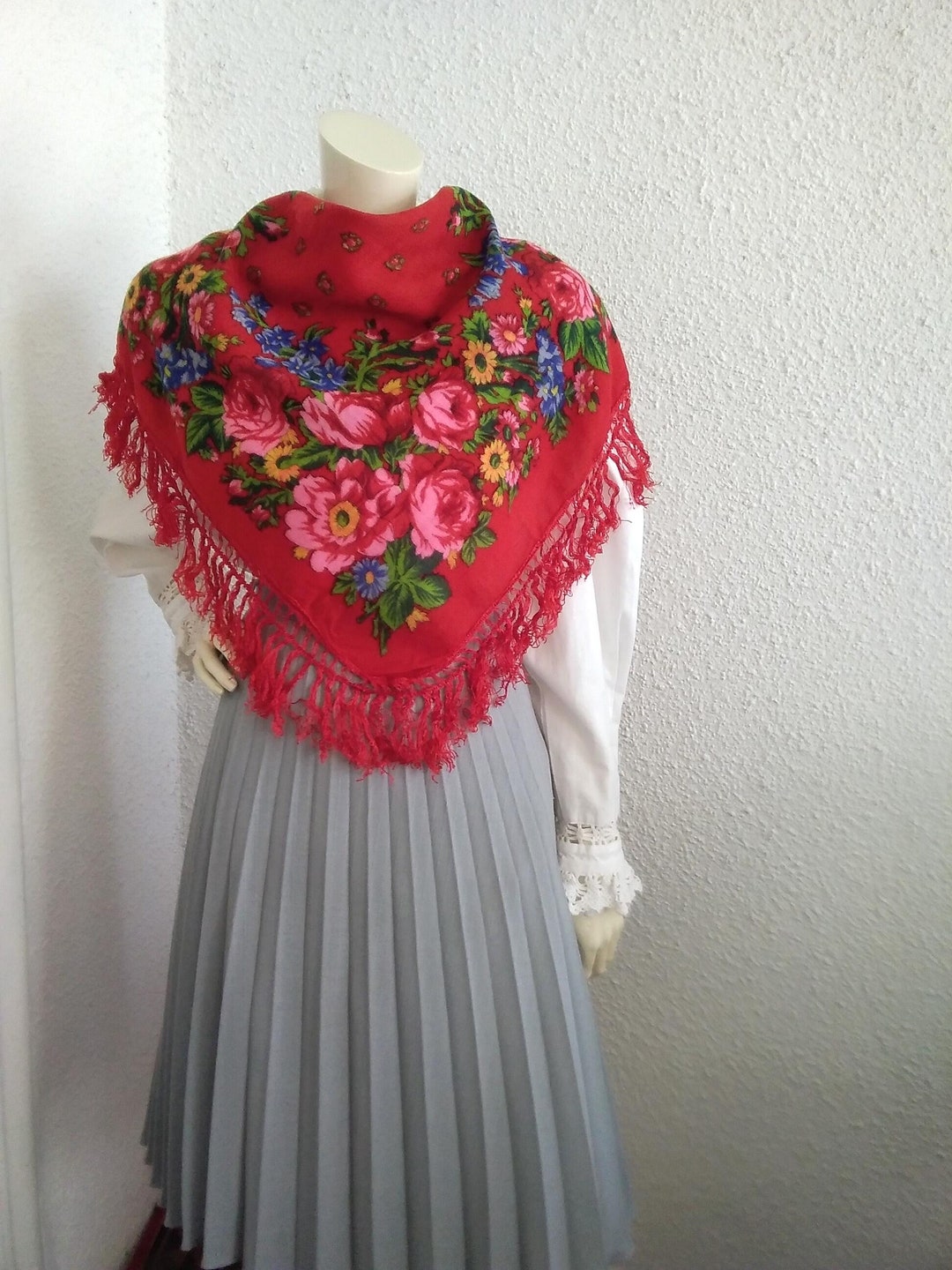 70s Folk Scarf Rustic Wool Shawl Multicolor Traditional Scarf Floral ...